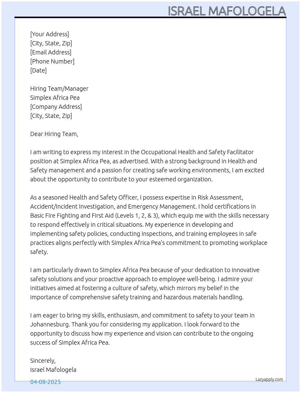 Cover letter for occupational health and safety facilitator - LazyApply