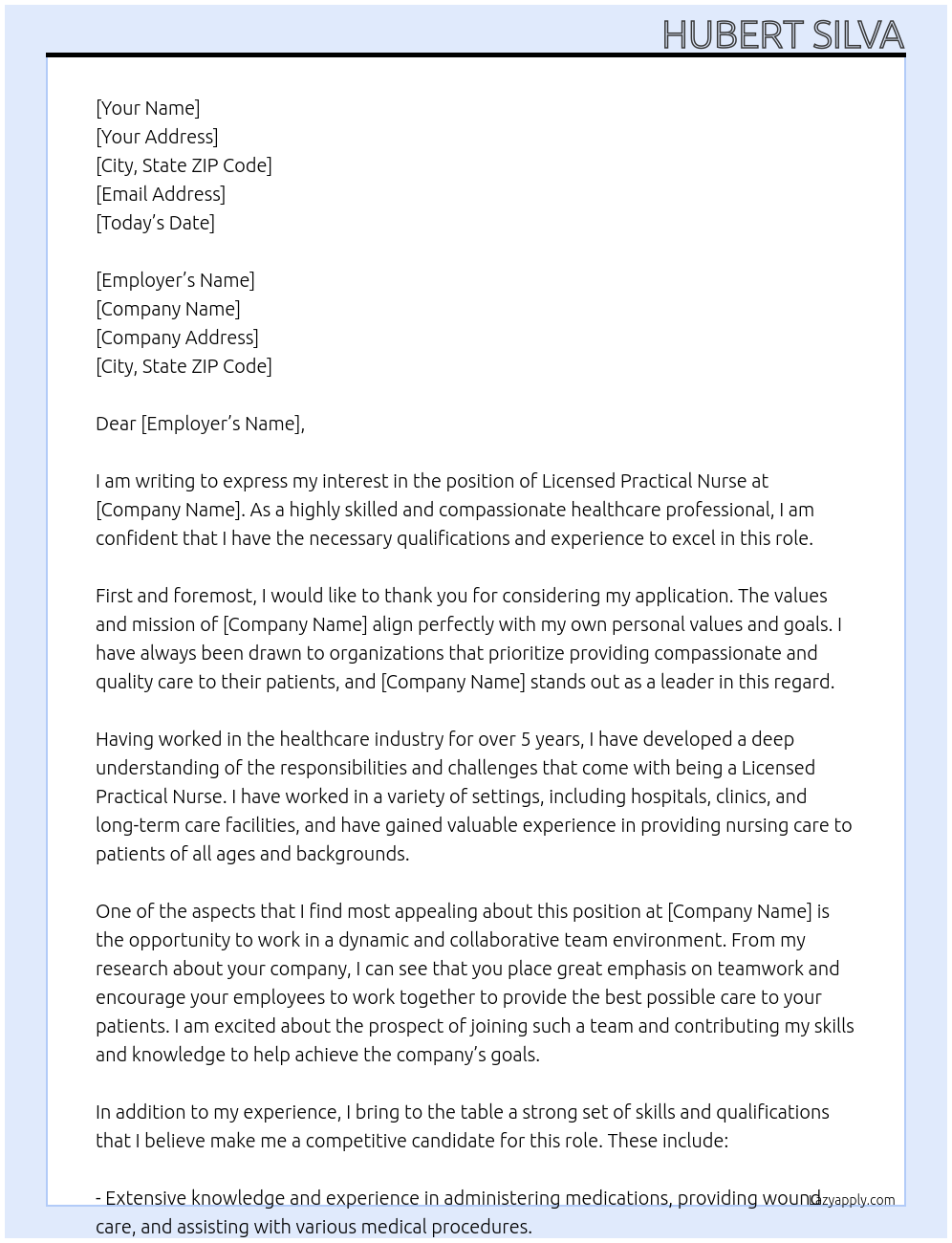 Cover letter for licensed practical nurse - LazyApply