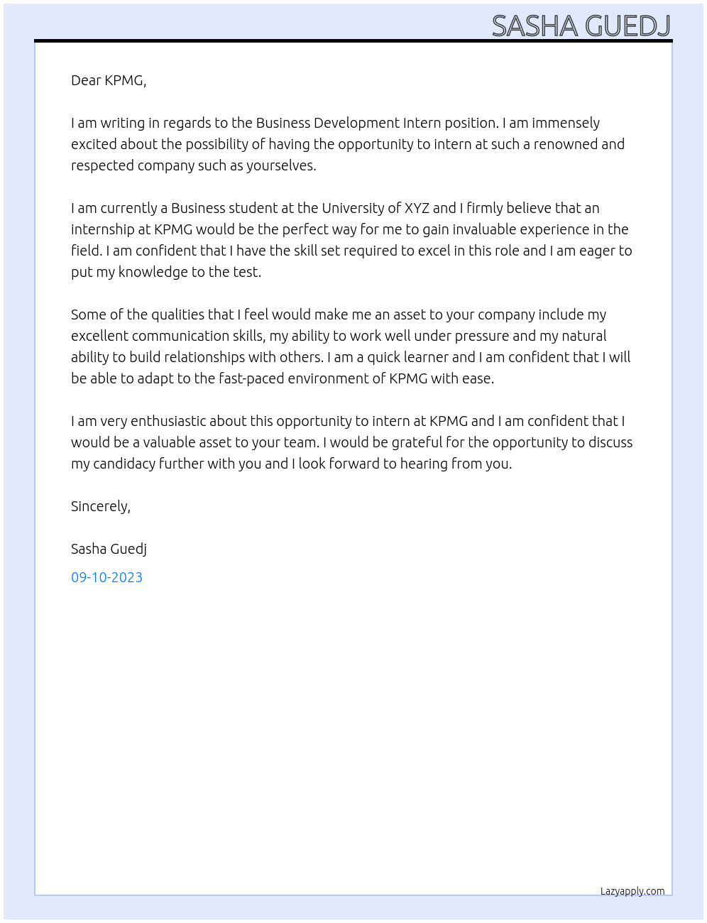Cover letter for intern business development - LazyApply