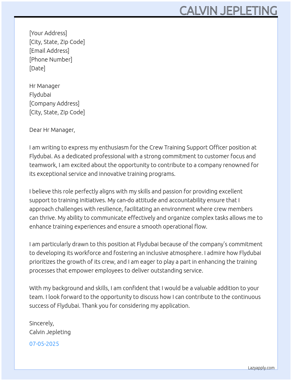 Cover letter for crew training support officer - LazyApply