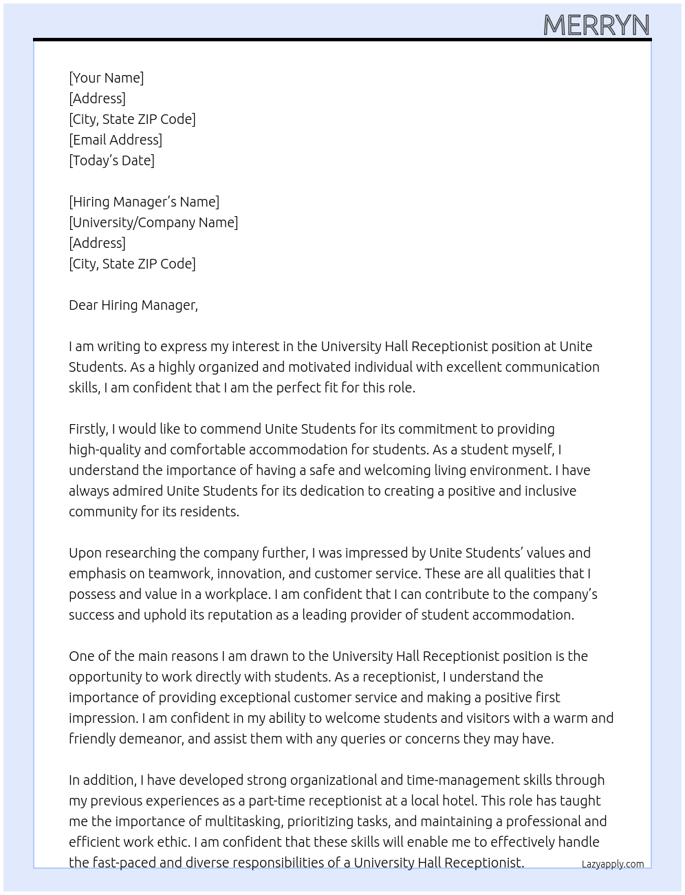 Cover letter for university hall receptionist - LazyApply
