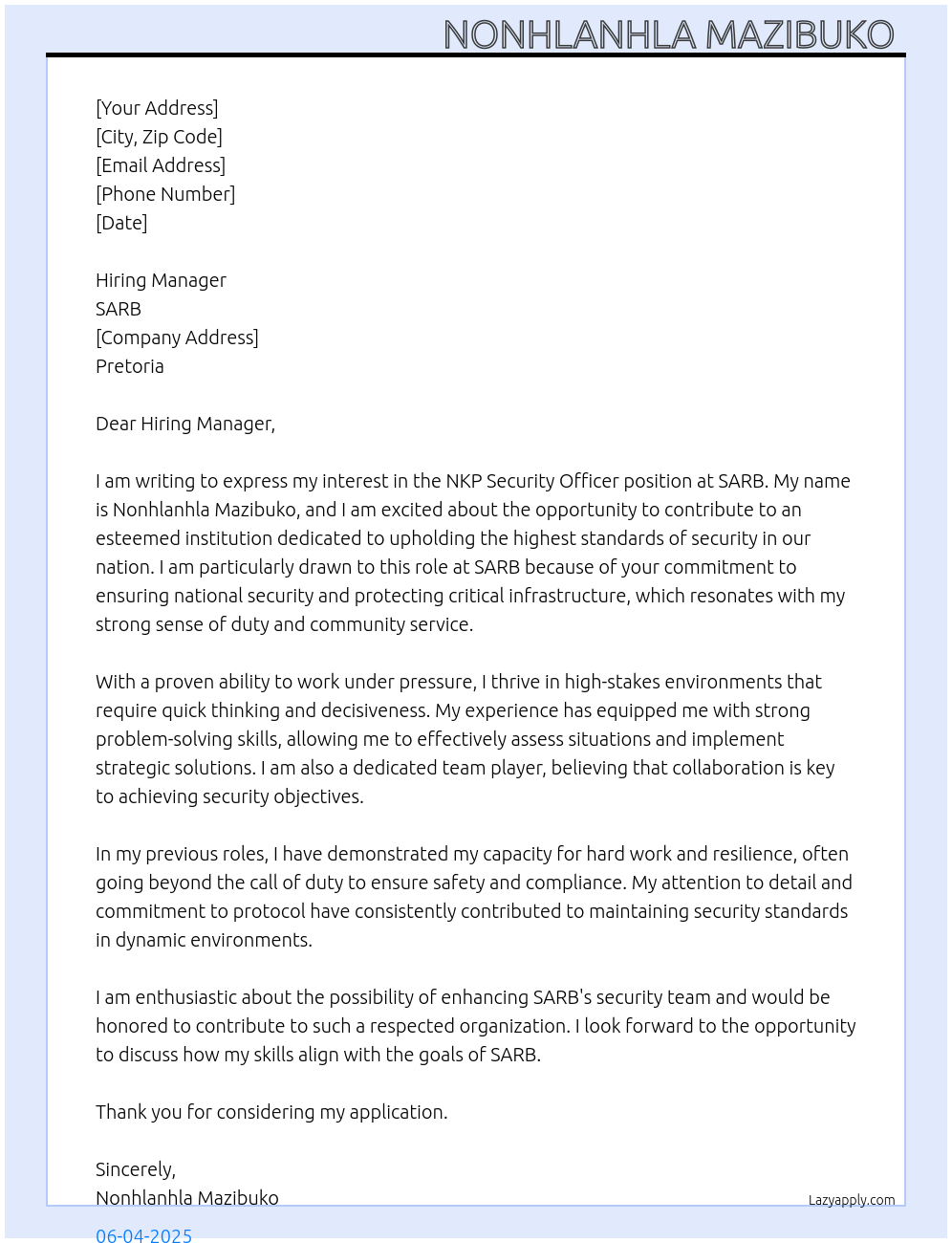 Cover letter for nkp security officer - LazyApply