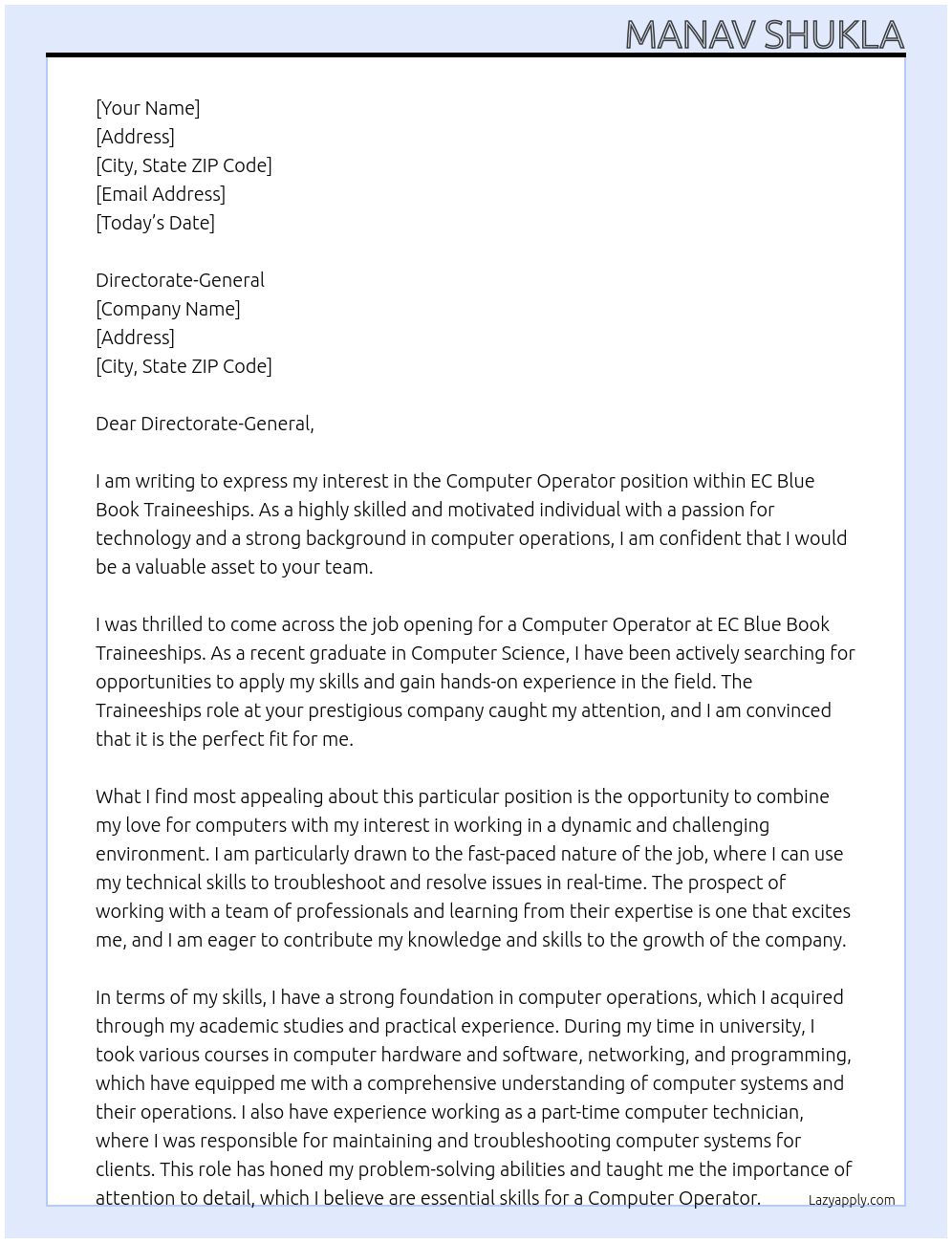 Cover letter for computer operator - LazyApply
