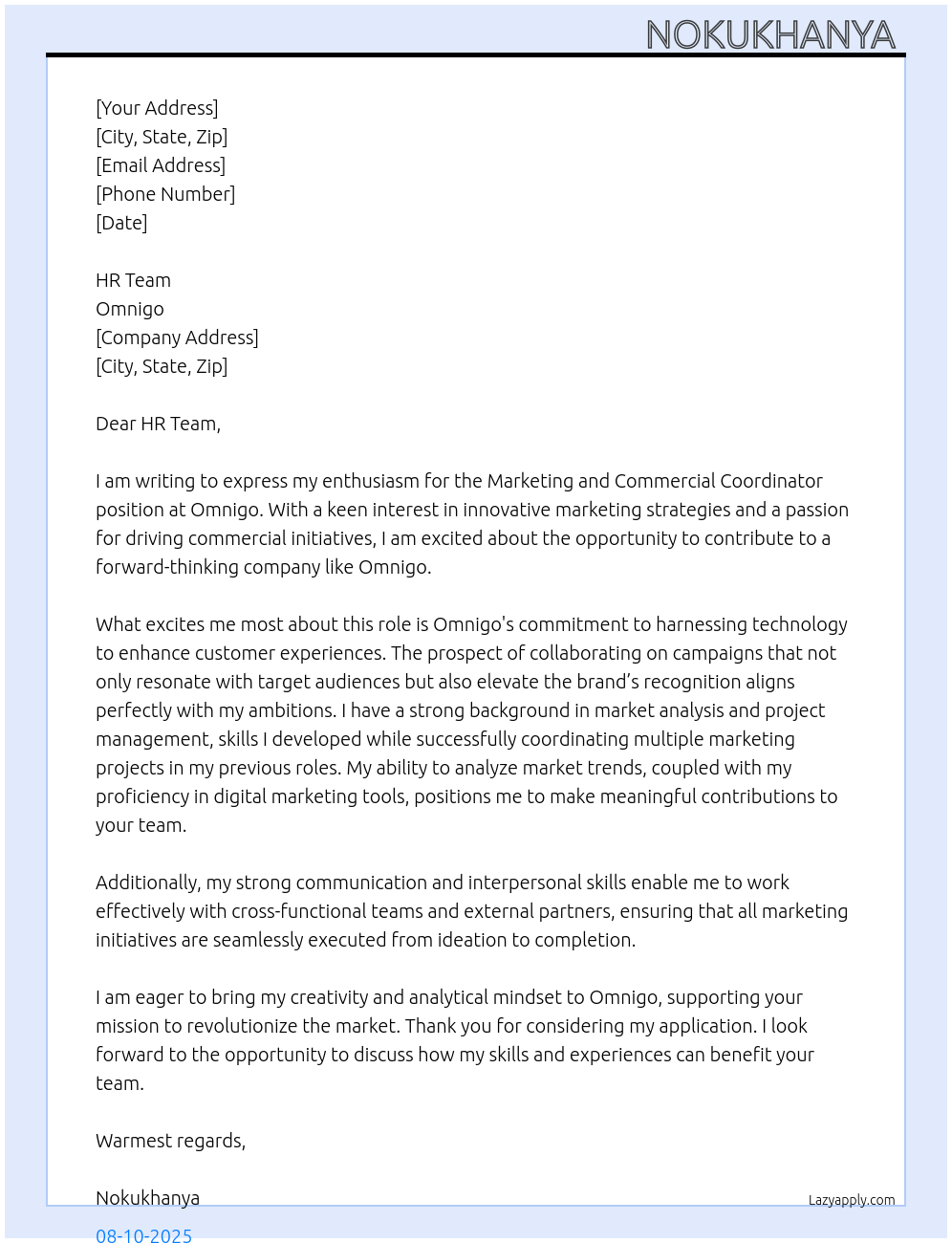 Cover letter for marketing and commercial coordinator - LazyApply