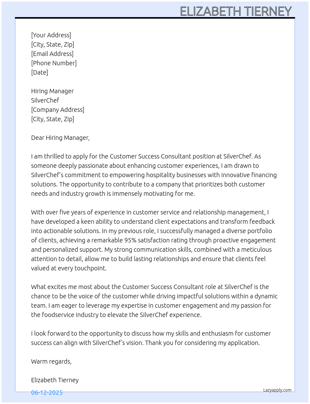 Cover letter for customer success consultant - LazyApply