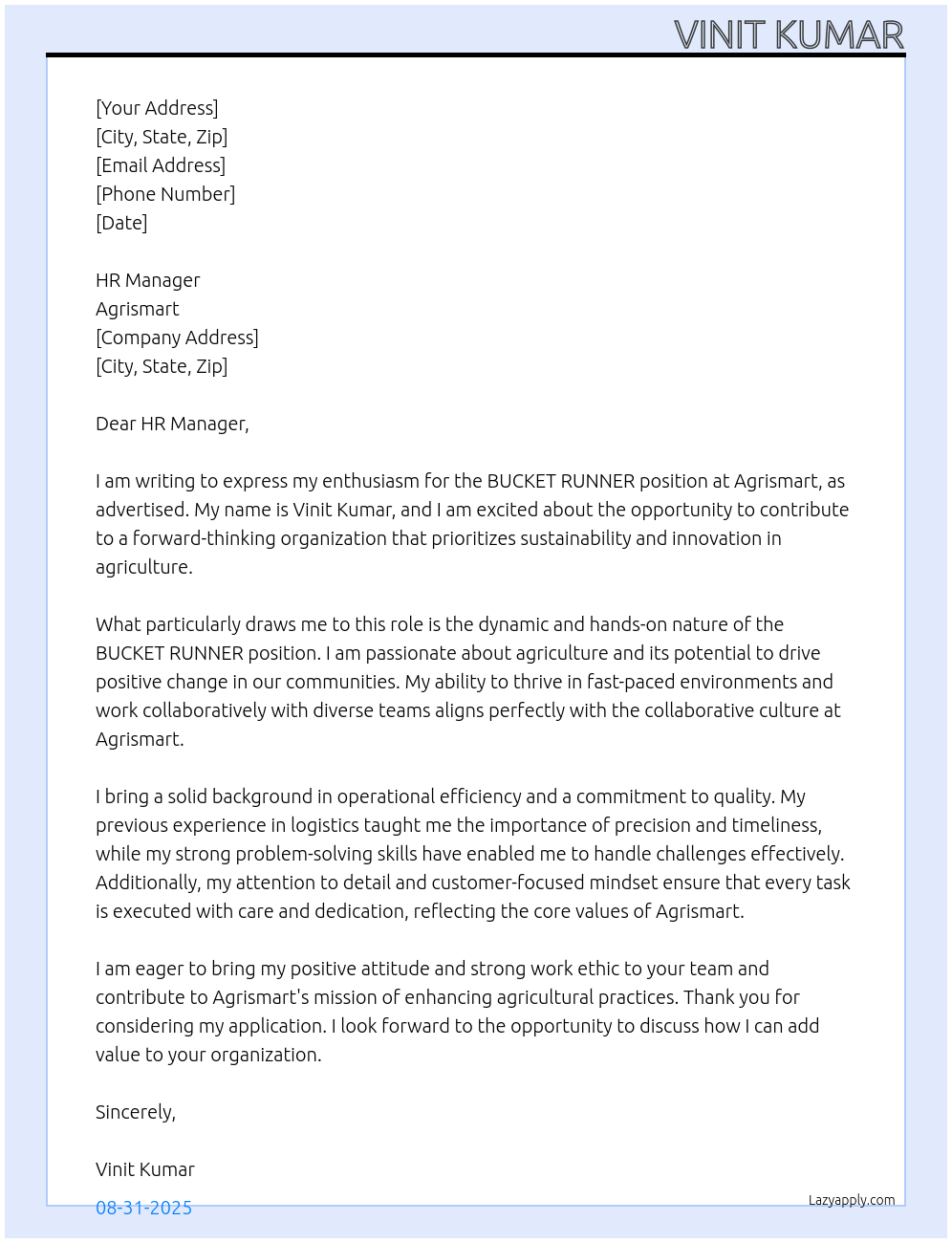 Cover letter for bucket runner - LazyApply