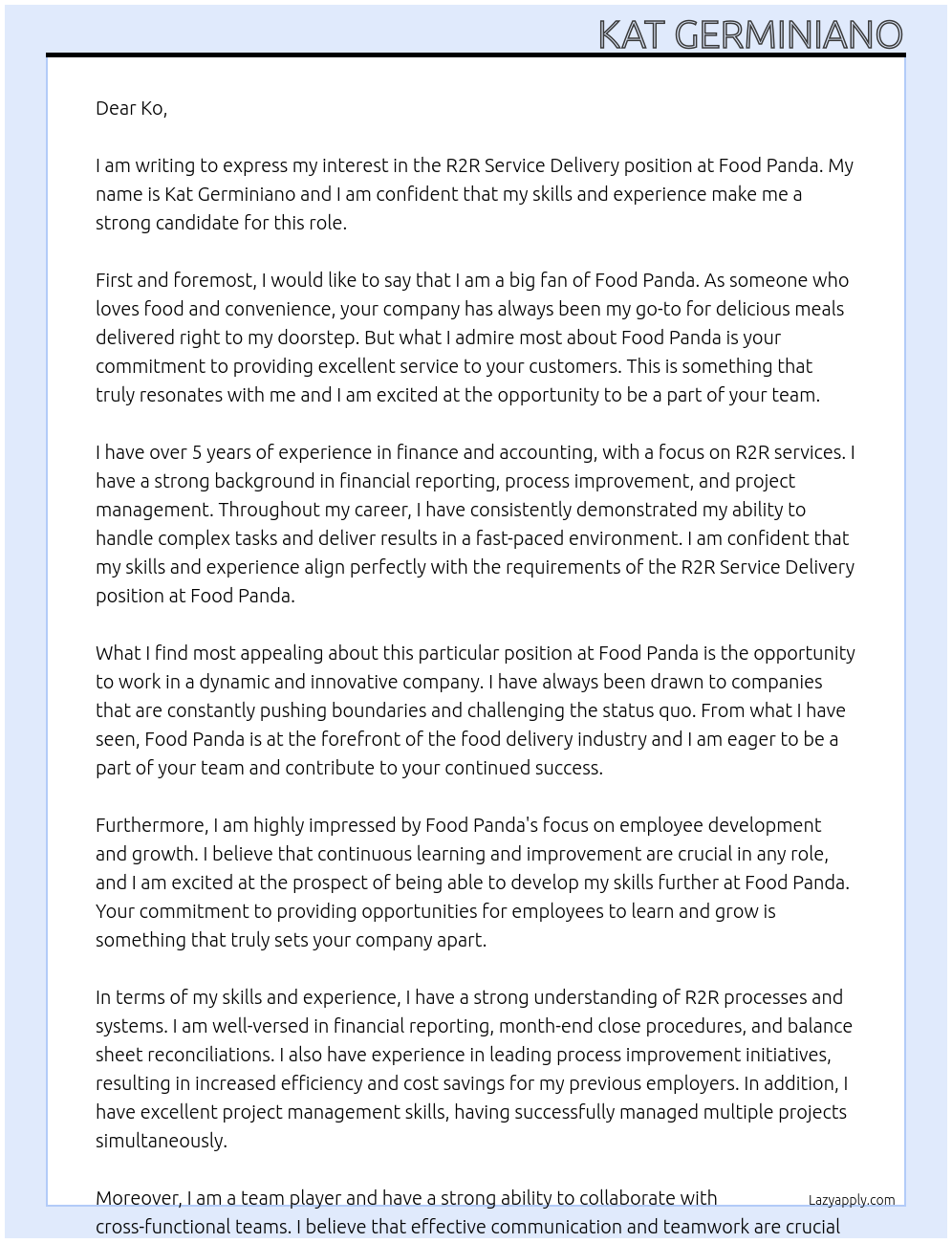 Cover letter for r2r service delivery - LazyApply