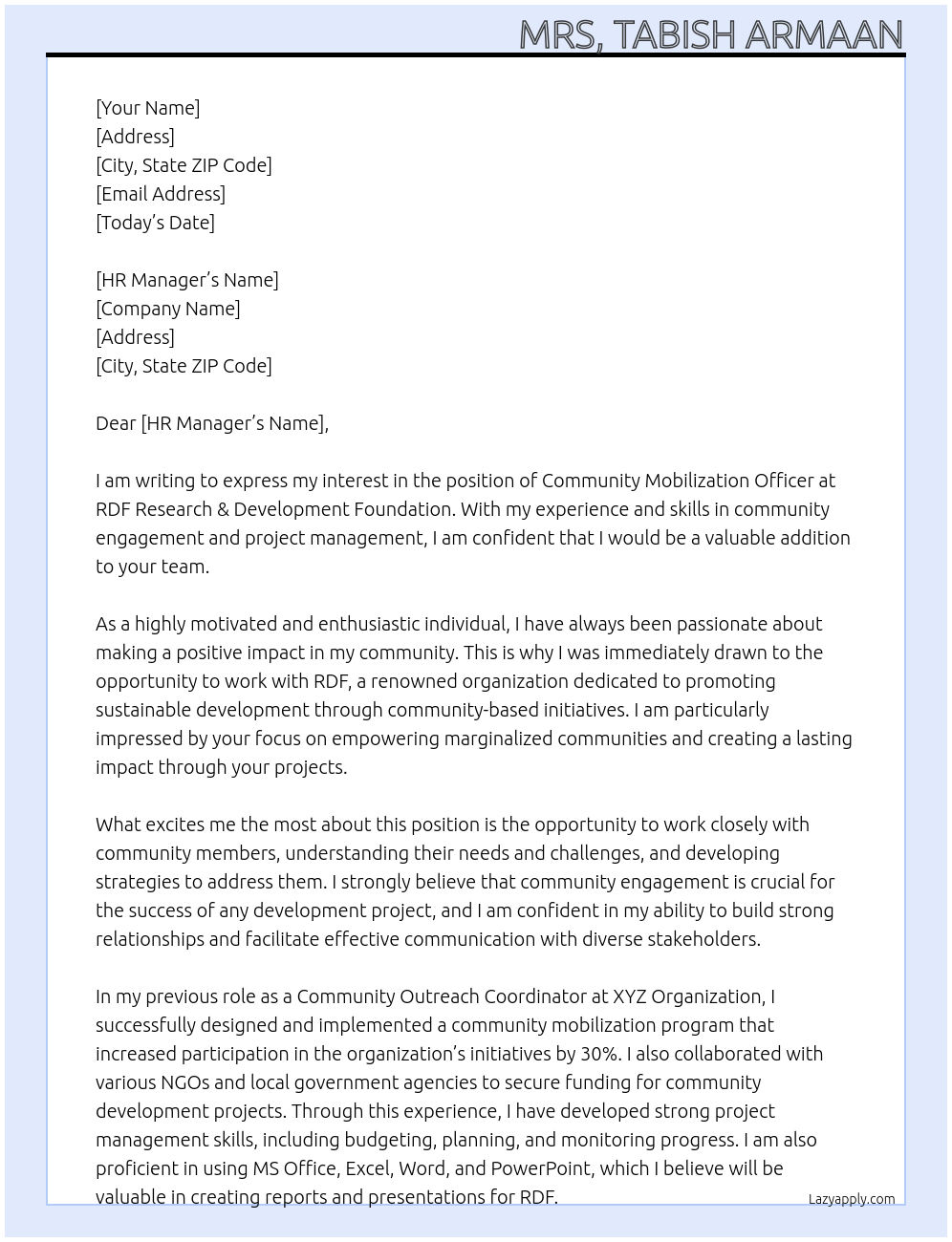 Cover letter for community mobilization officer - LazyApply
