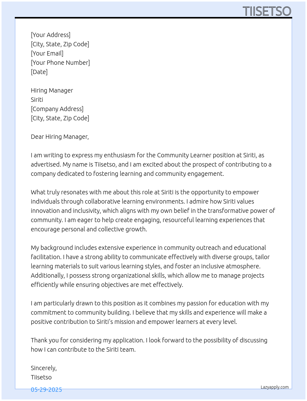 Cover letter for community leaner - LazyApply