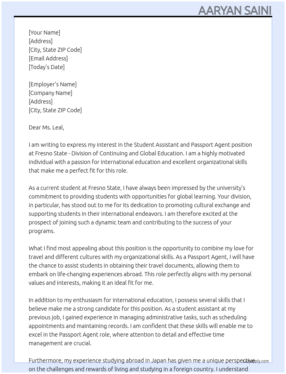 Cover letter for student assistant and passport agent - LazyApply