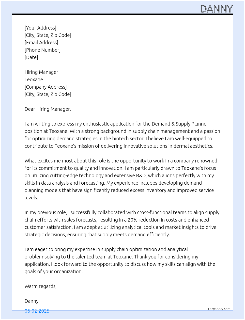 Cover letter for demand & supply planner - LazyApply