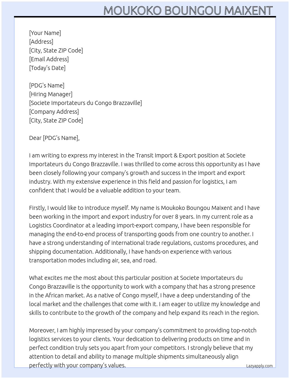 Cover letter for transit import & export - LazyApply