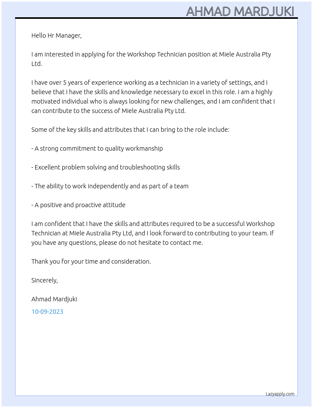 Cover letter for workshop technician - LazyApply