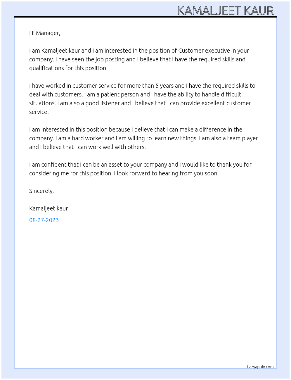 Cover letter for customer executive - LazyApply
