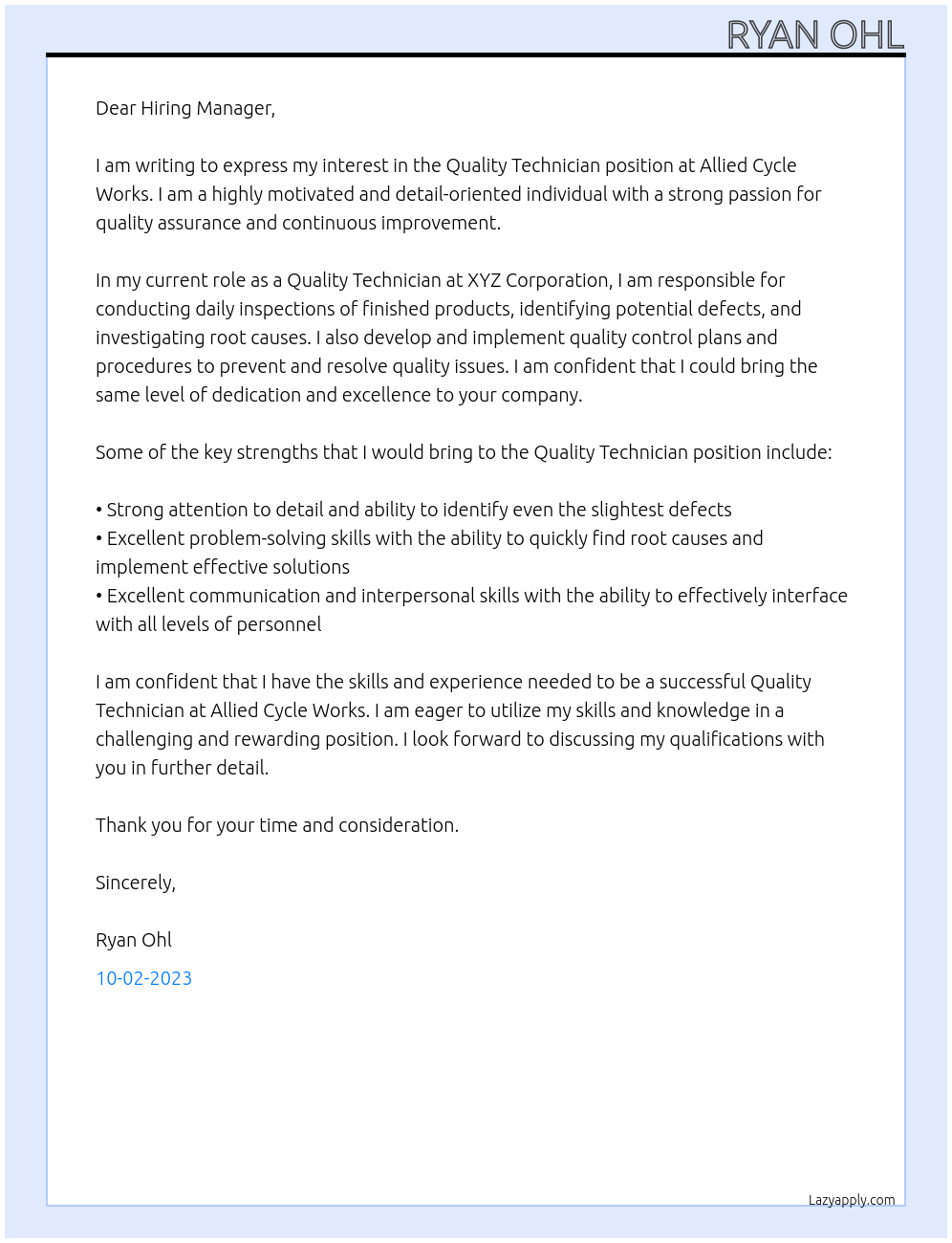 Cover letter for quality technician - LazyApply