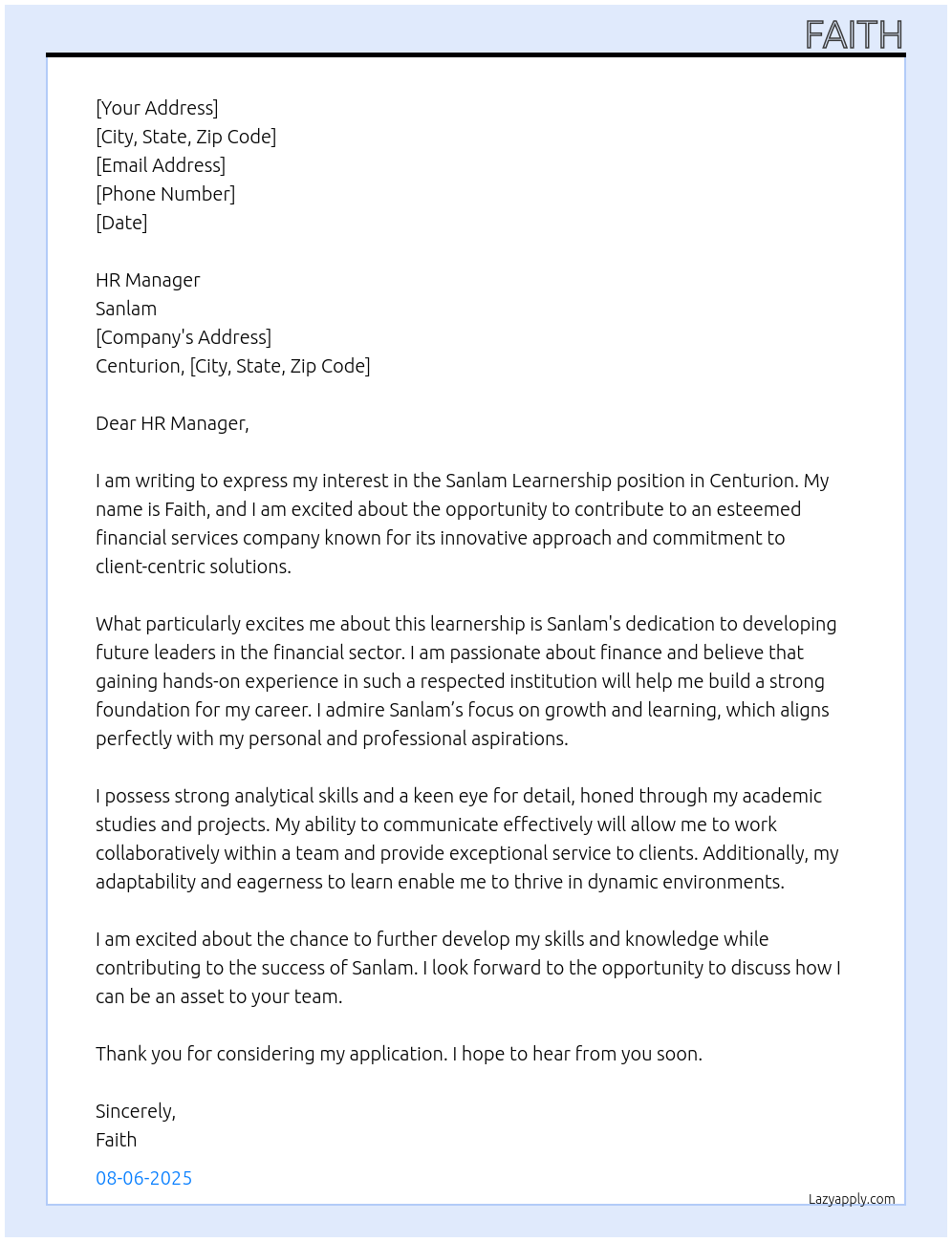 Cover letter for sanlam learnership - LazyApply