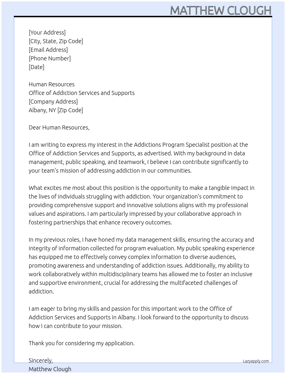 Cover letter for addictions program specialist - LazyApply