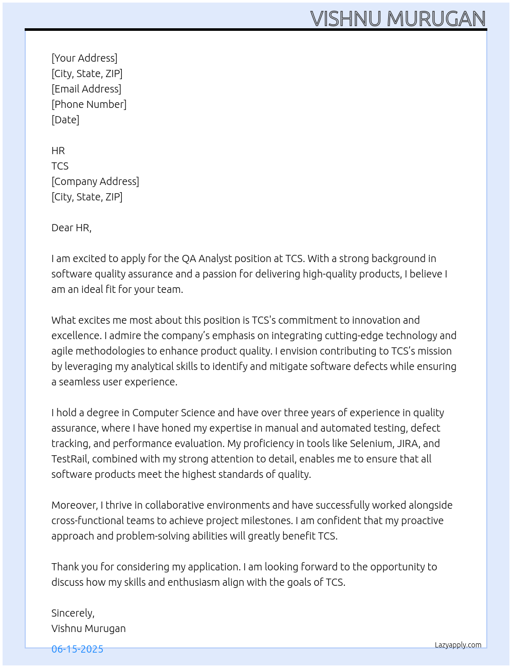 Cover letter for tcs - LazyApply