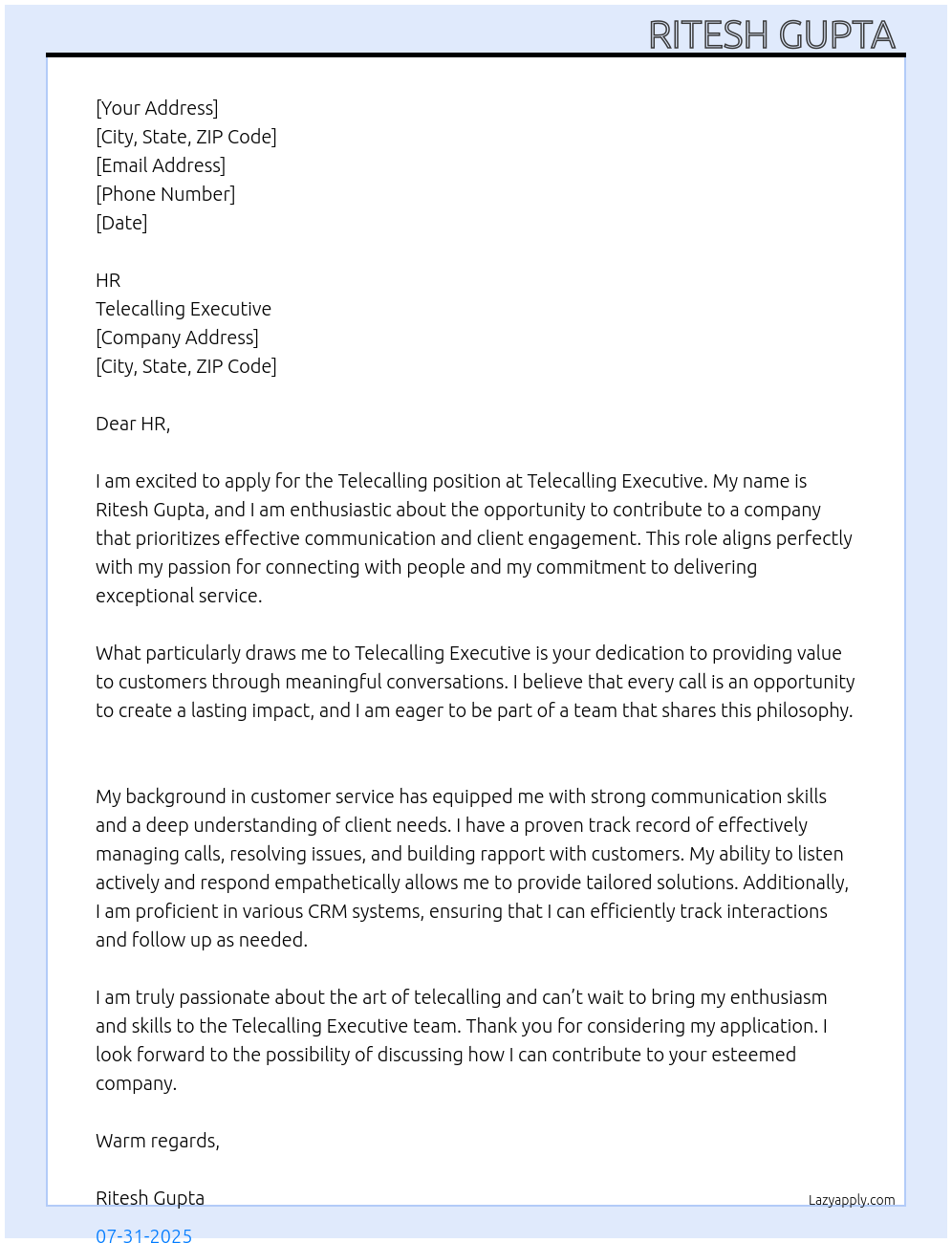 Cover letter for telecalling - LazyApply