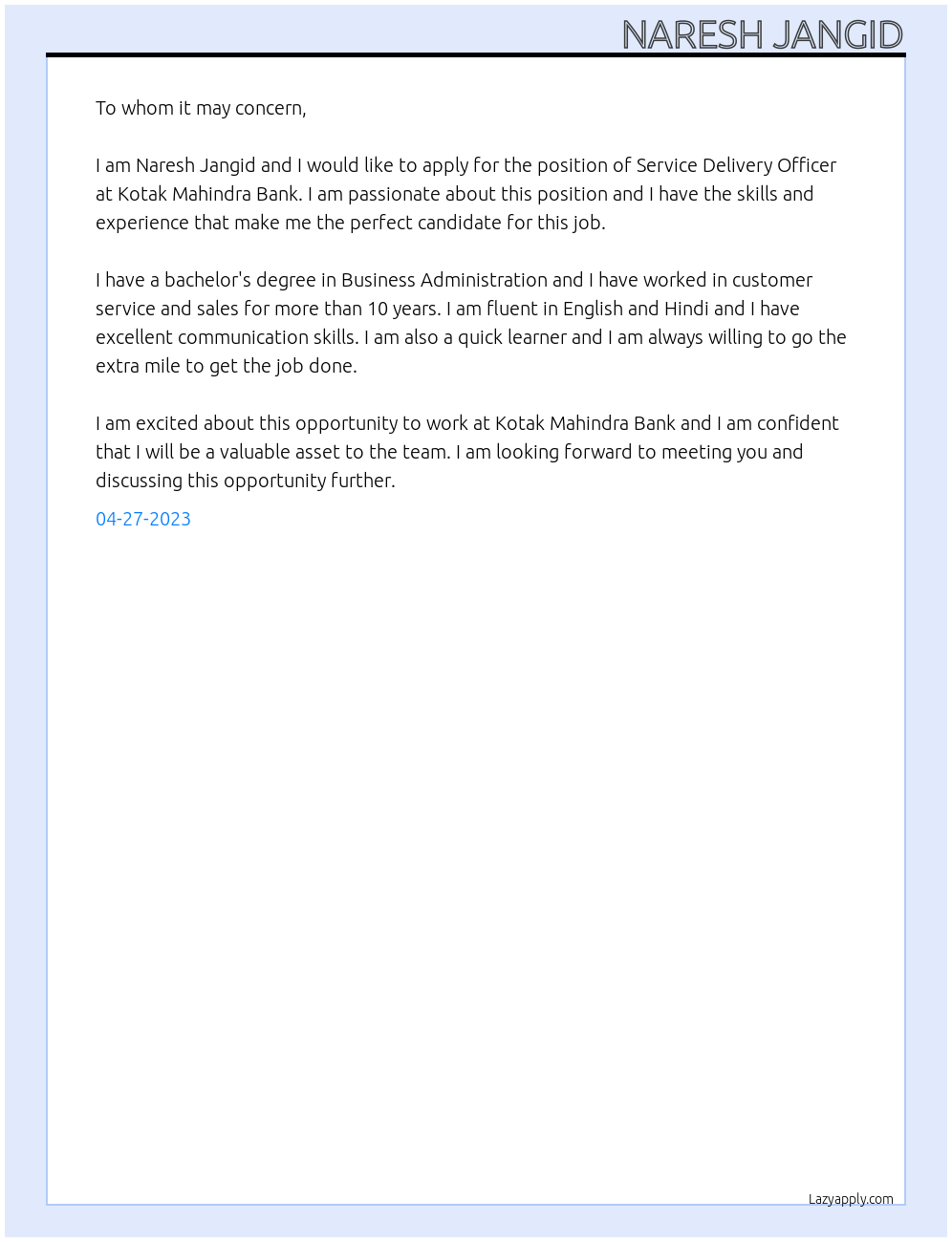 Cover letter for service delivery officer - LazyApply