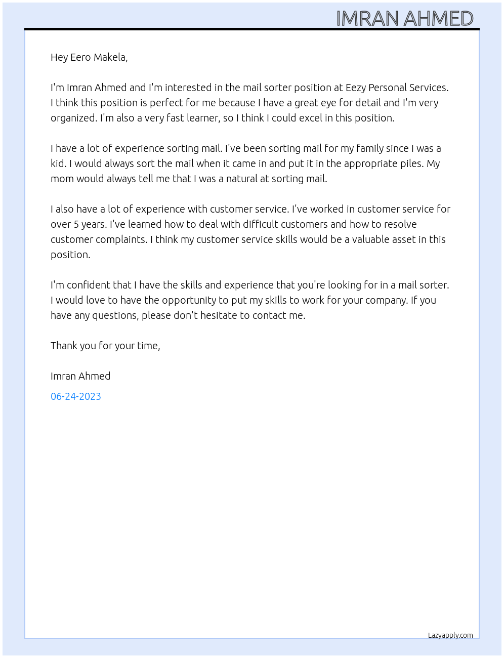 Cover letter for mail sorter - LazyApply