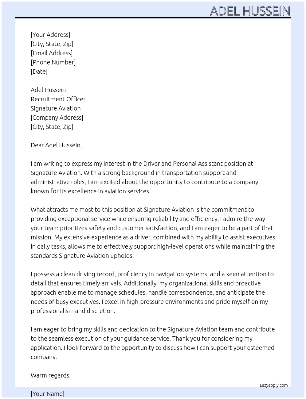 Cover letter for driver and personal assistant - LazyApply