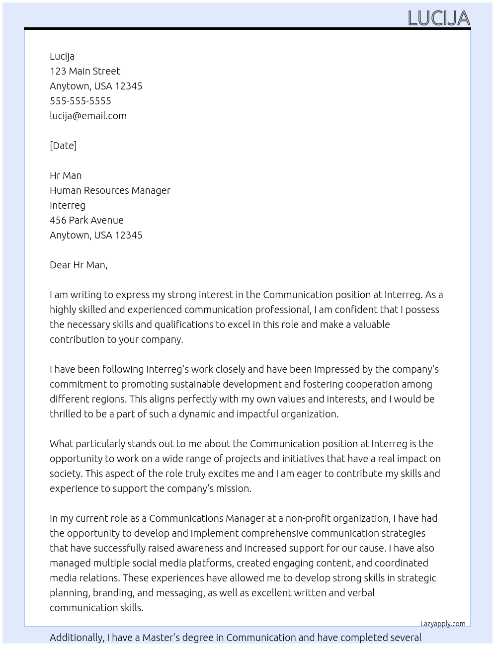 Cover letter for communication - LazyApply