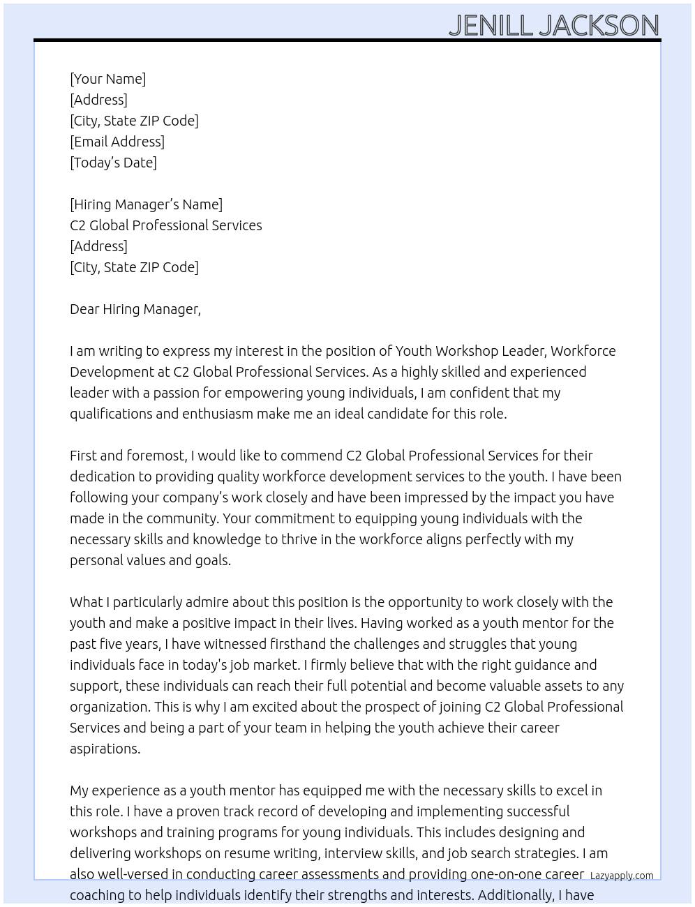 Cover letter for youth workshop leader, workforce development - LazyApply