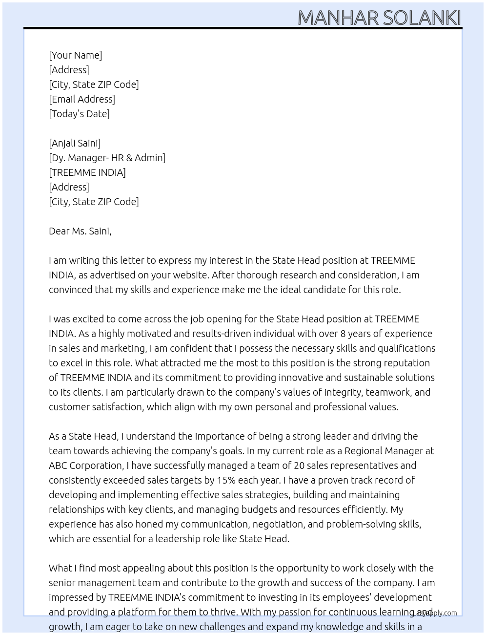 Cover letter for state head - LazyApply