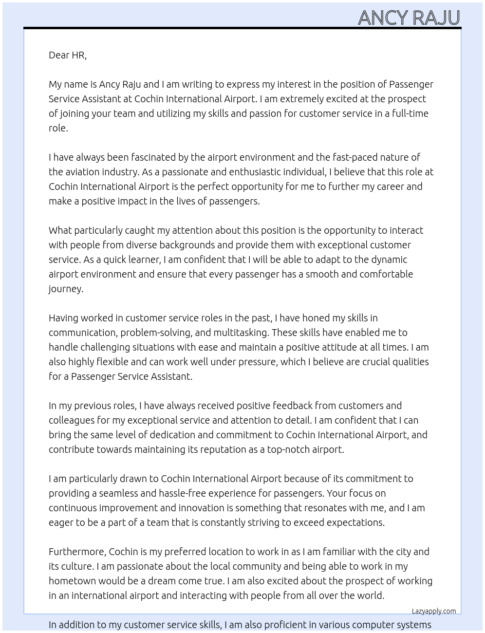 Cover letter for passenger service assistant - LazyApply