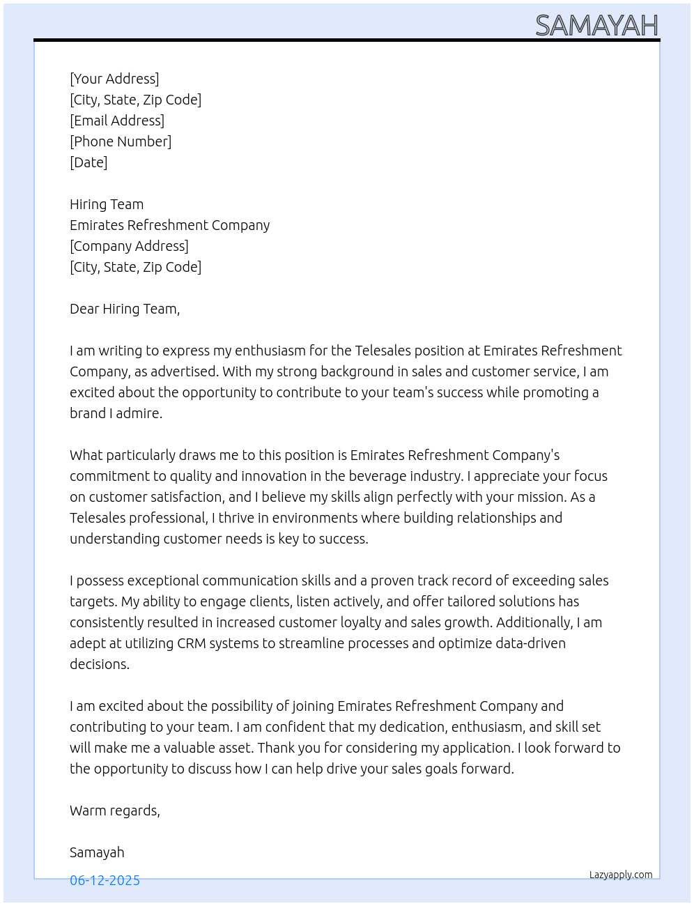 Cover letter for telesales - LazyApply