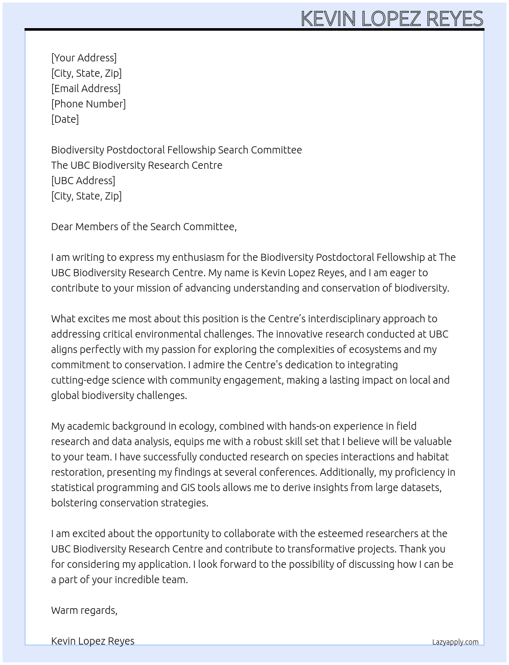 Cover letter for biodiversity postdoctoral fellowship - LazyApply