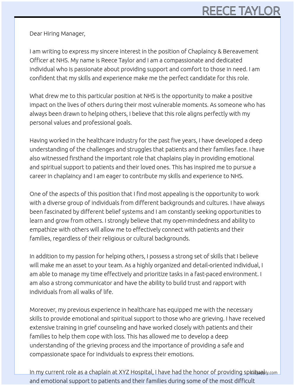 Cover letter for chaplaincy & bereavement officer - LazyApply