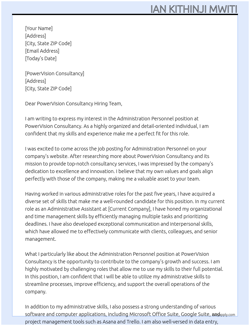 Cover letter for administration personnel - LazyApply