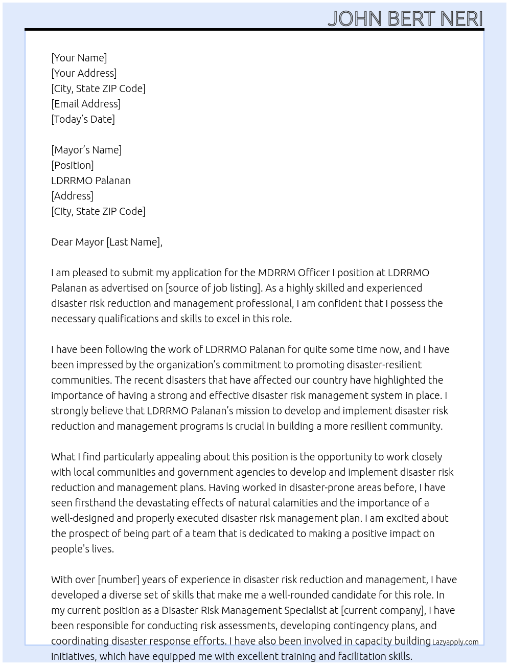 Cover letter for mdrrm officer i - LazyApply