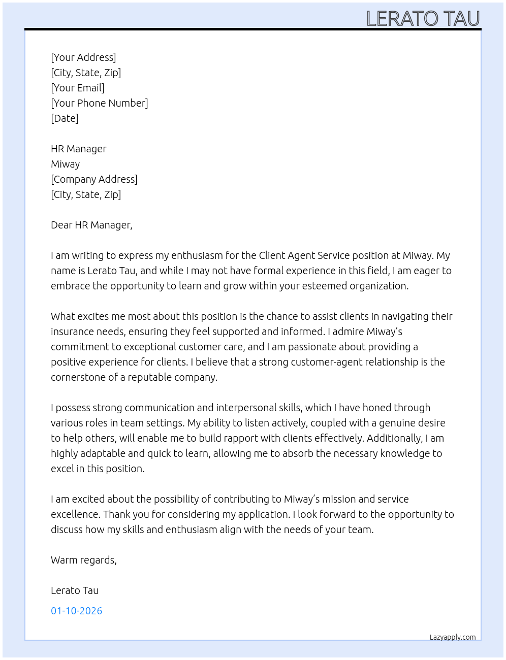 Cover letter for client agent service - LazyApply