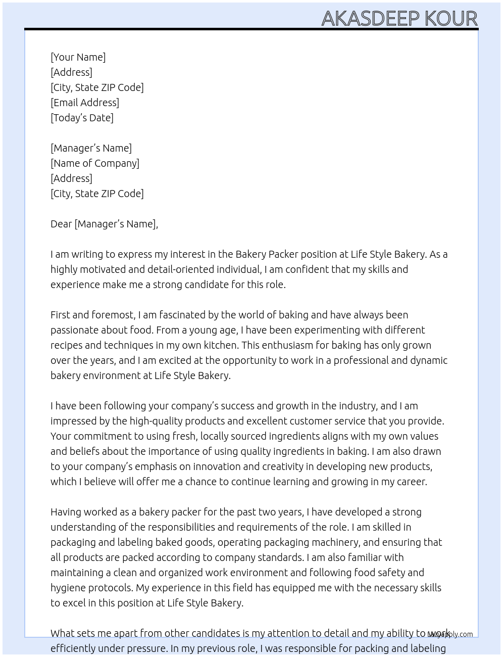 Cover letter for bakery packer - LazyApply