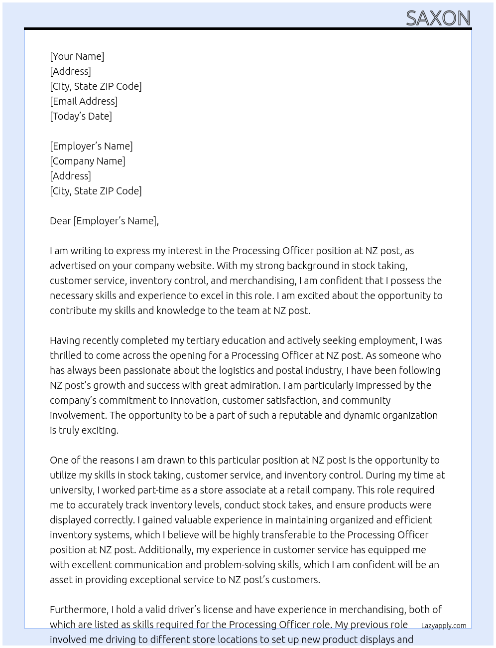 Cover letter for processing officer - LazyApply