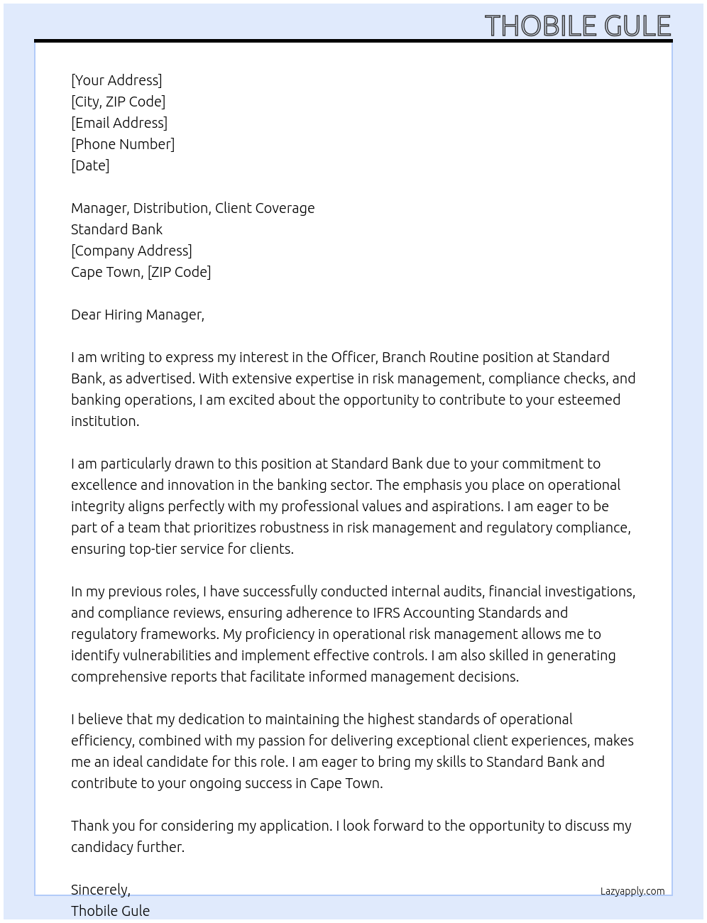 Cover letter for officer, branch routine - LazyApply