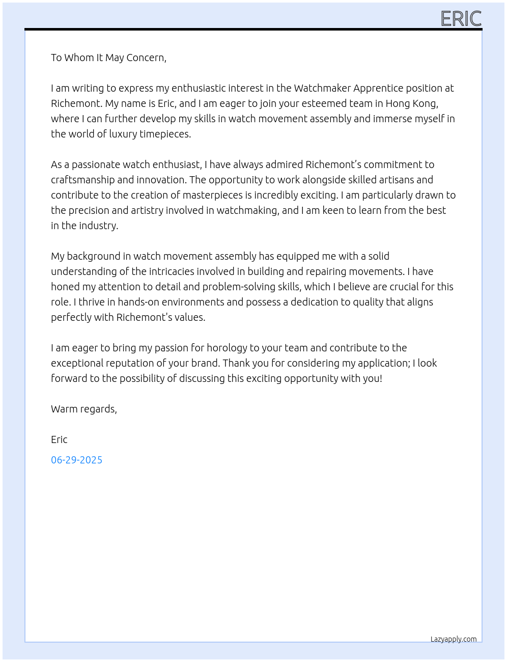 Cover letter for watchmaker apprentice - LazyApply