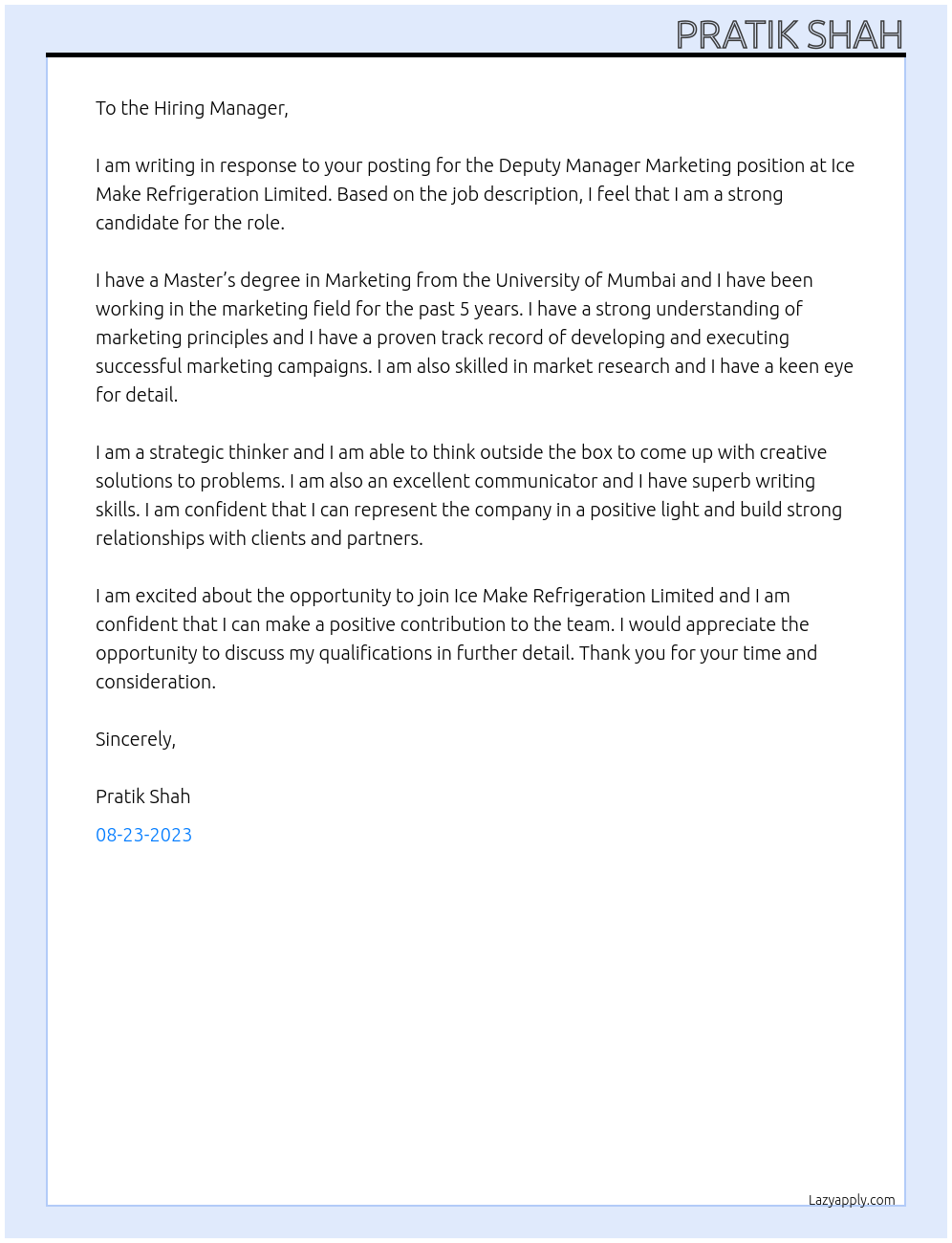 Cover letter for deputy manager marketing - LazyApply