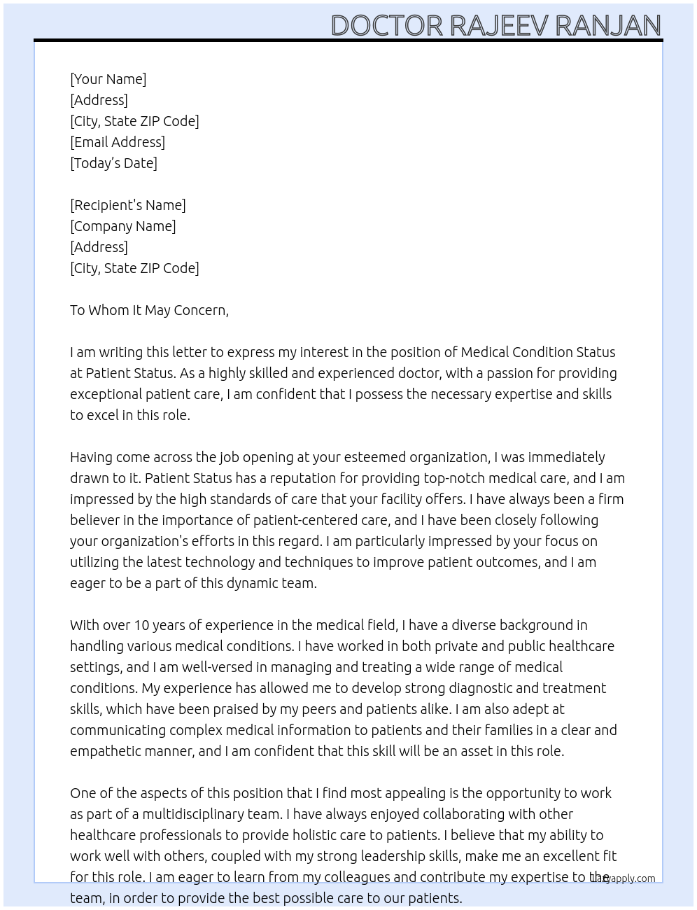 Cover letter for medical condition status - LazyApply