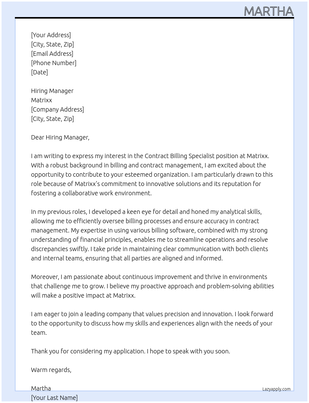 Cover letter for contract billing specialist - LazyApply