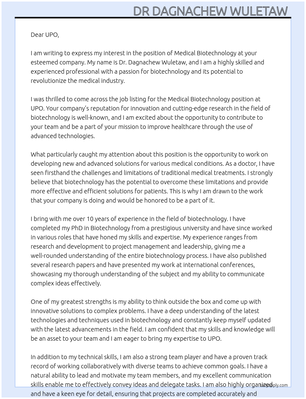 Cover letter for medical biotechnology - LazyApply