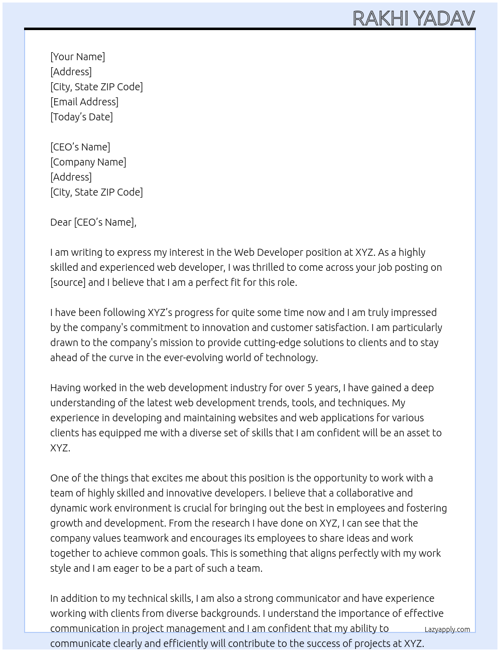 Cover letter for web developer - LazyApply