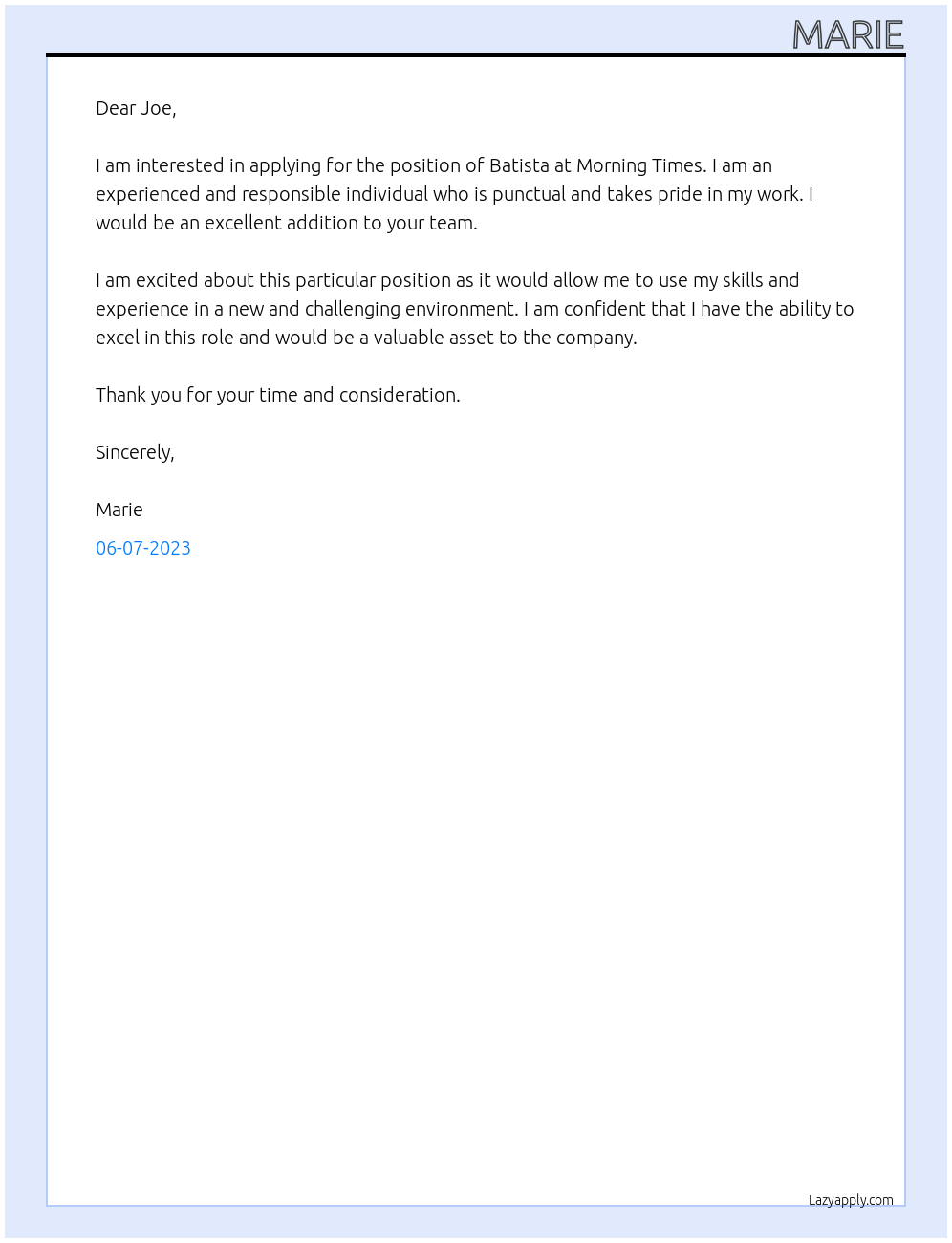 Cover letter for batista - LazyApply