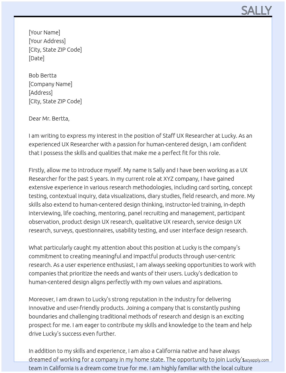 Cover letter for staff ux researcher - LazyApply