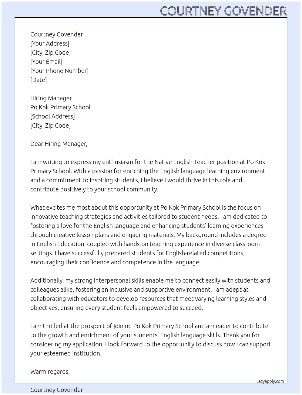Cover letter for native english teacher - LazyApply