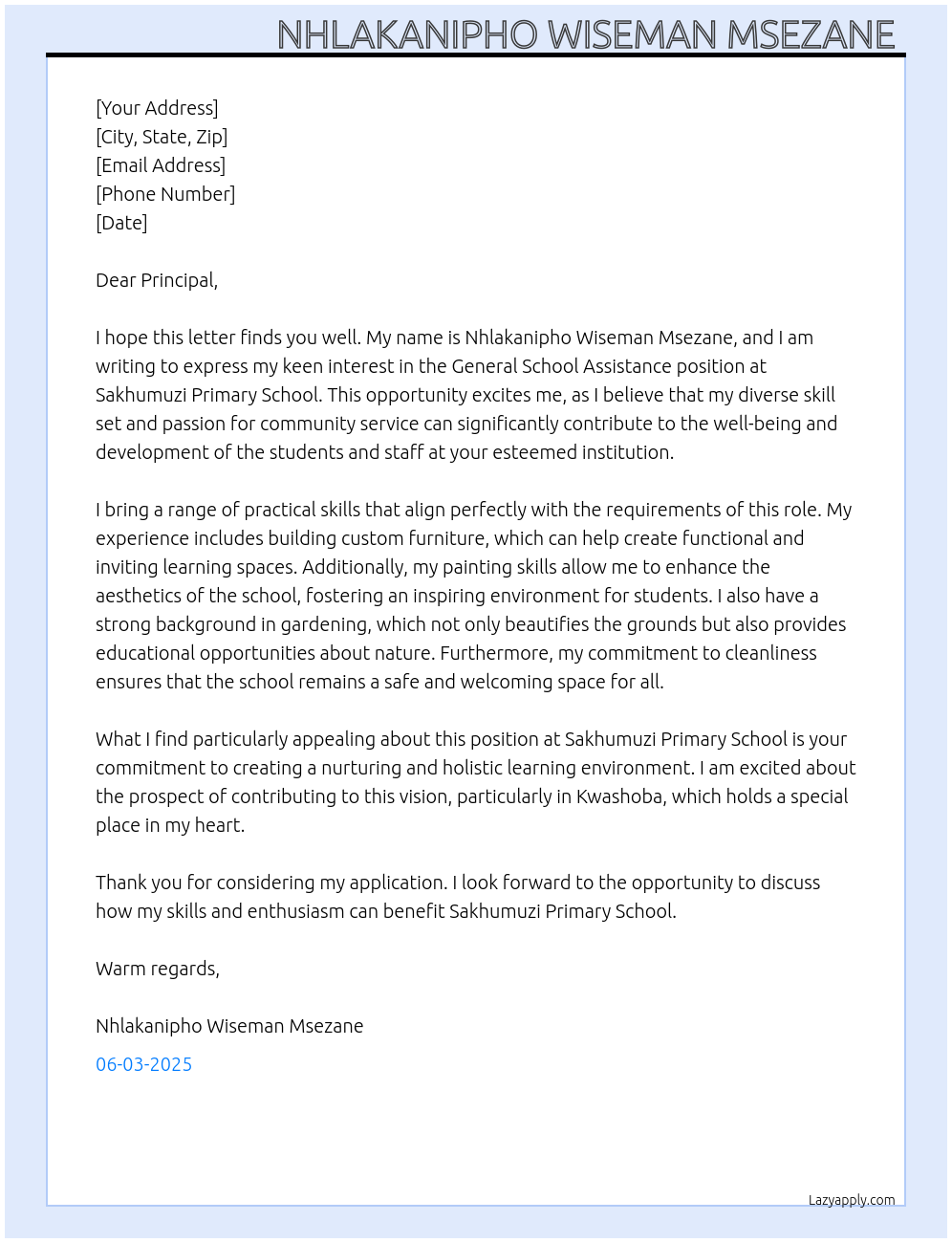 Cover letter for general school assistance - LazyApply