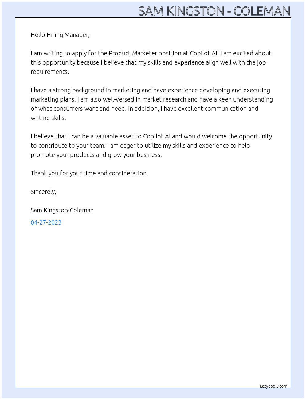 Cover letter for product marketer - LazyApply